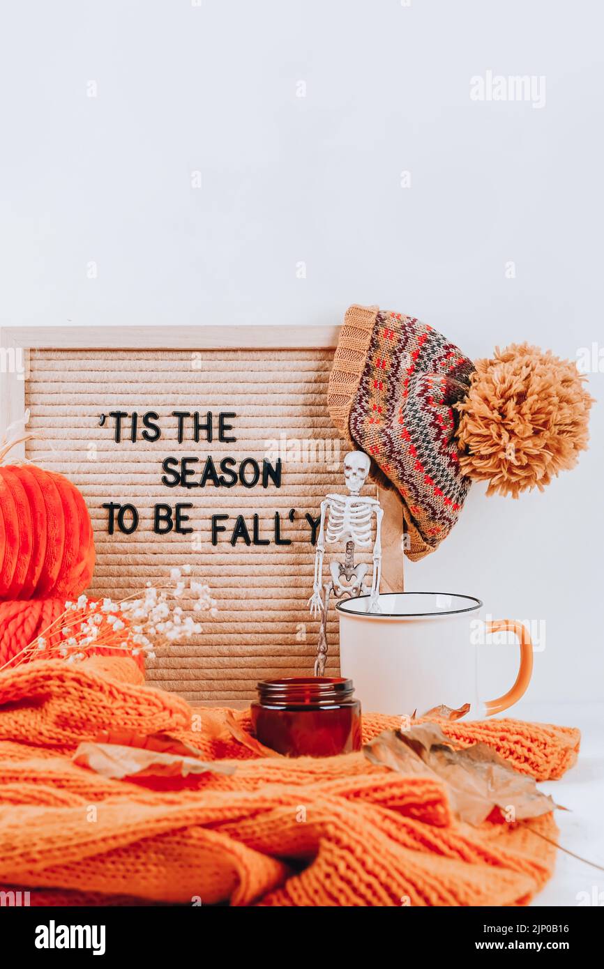 Autumn inscription on letterboard. This the season to be fally. Hygge ...
