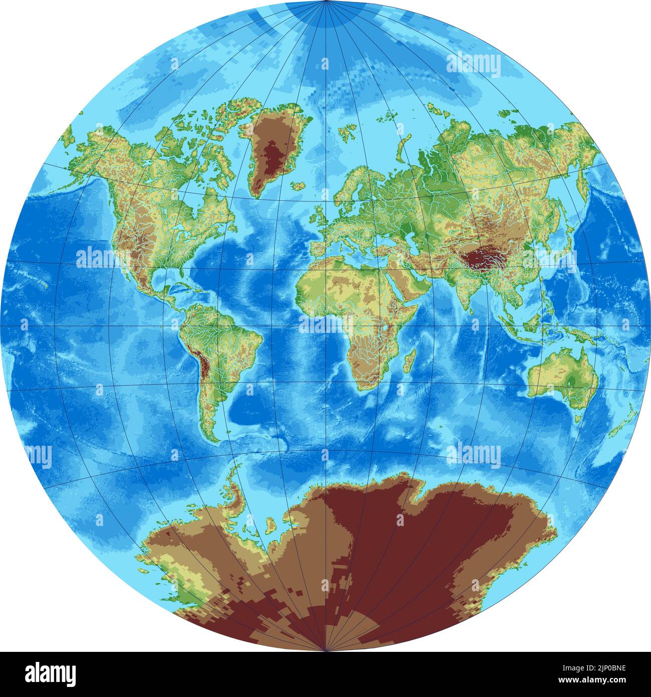 Vector pixelated topographic world map Van der Grinten projection Stock ...