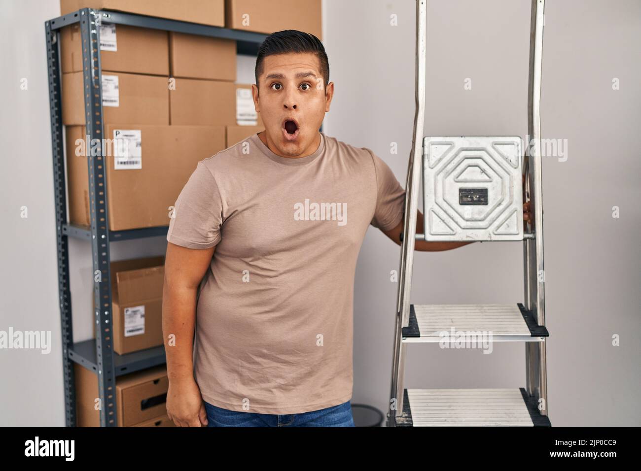 Hispanic young man working at small business ecommerce holding ladders ...