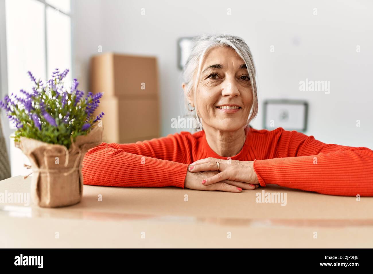 Middle age grey-haired woman smiling confident leaning on package at ...