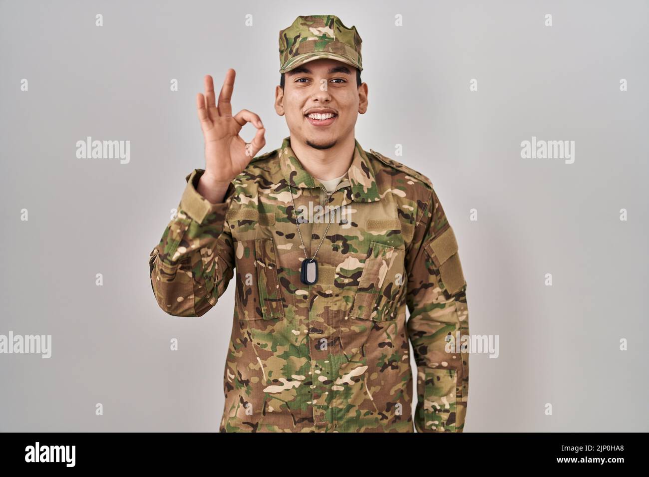 Young arab man wearing camouflage army uniform smiling positive doing ...