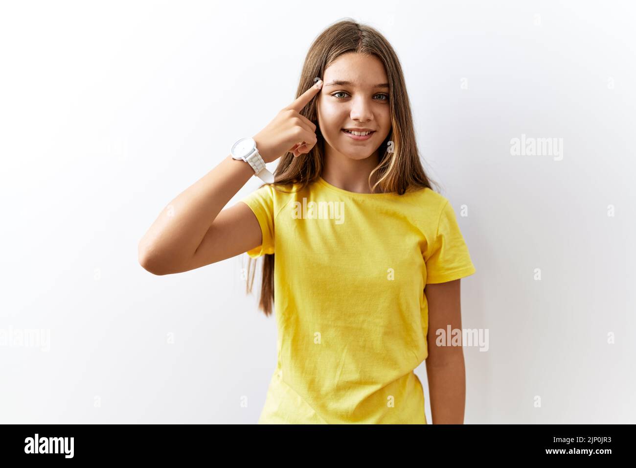 Young brunette teenager standing together over isolated background ...