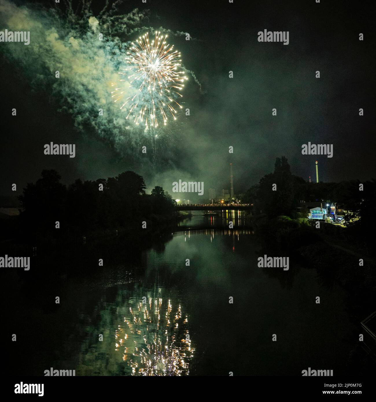 Herne, NRW, Germany. 14th Aug, 2022. Fireworks over the canal conclude ...