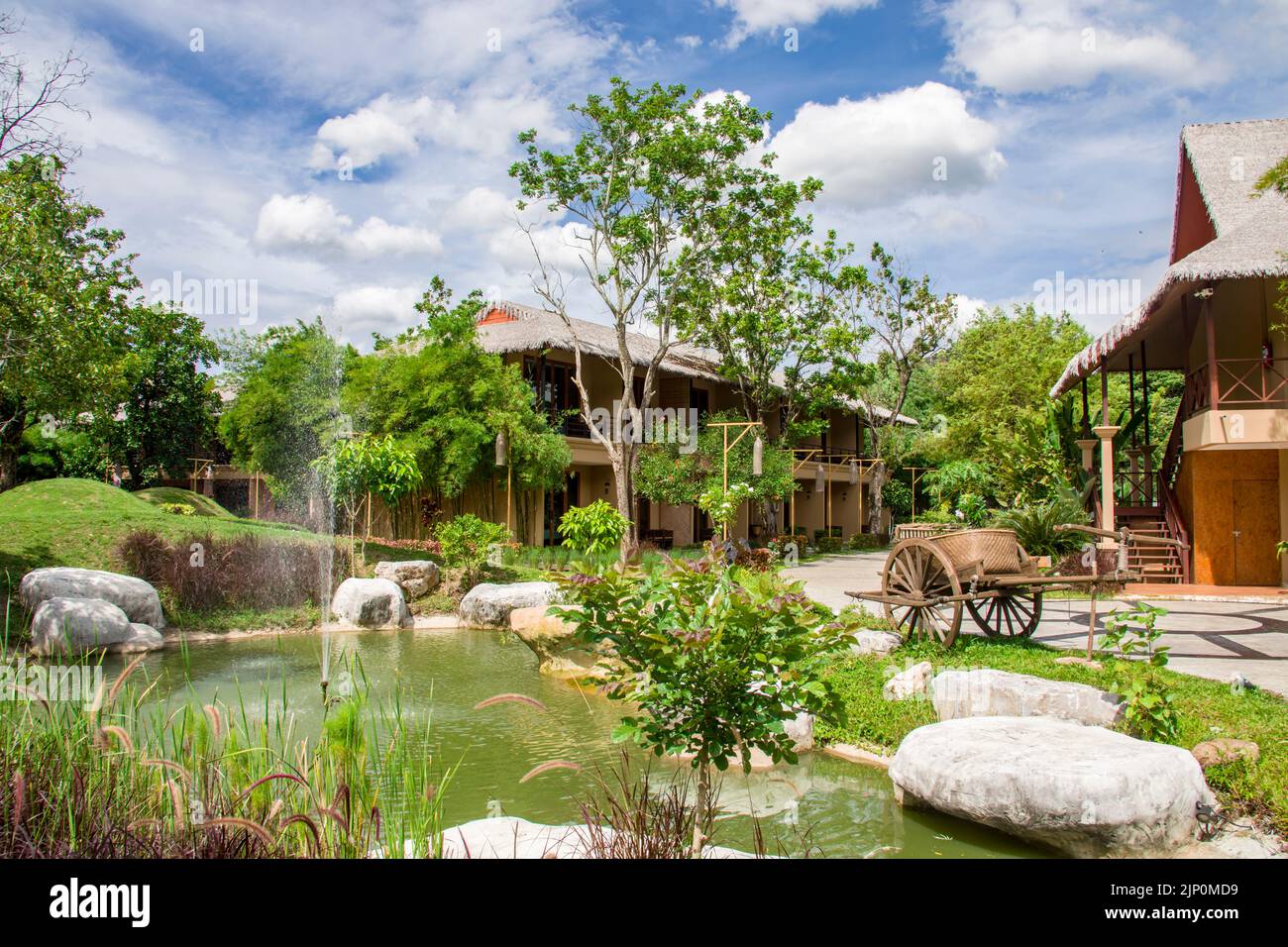 KhaoYai Thailand 7th Jun 2022: Garden view of hotel "Recall Isaan-Isan Concept Resort". Focusing ...