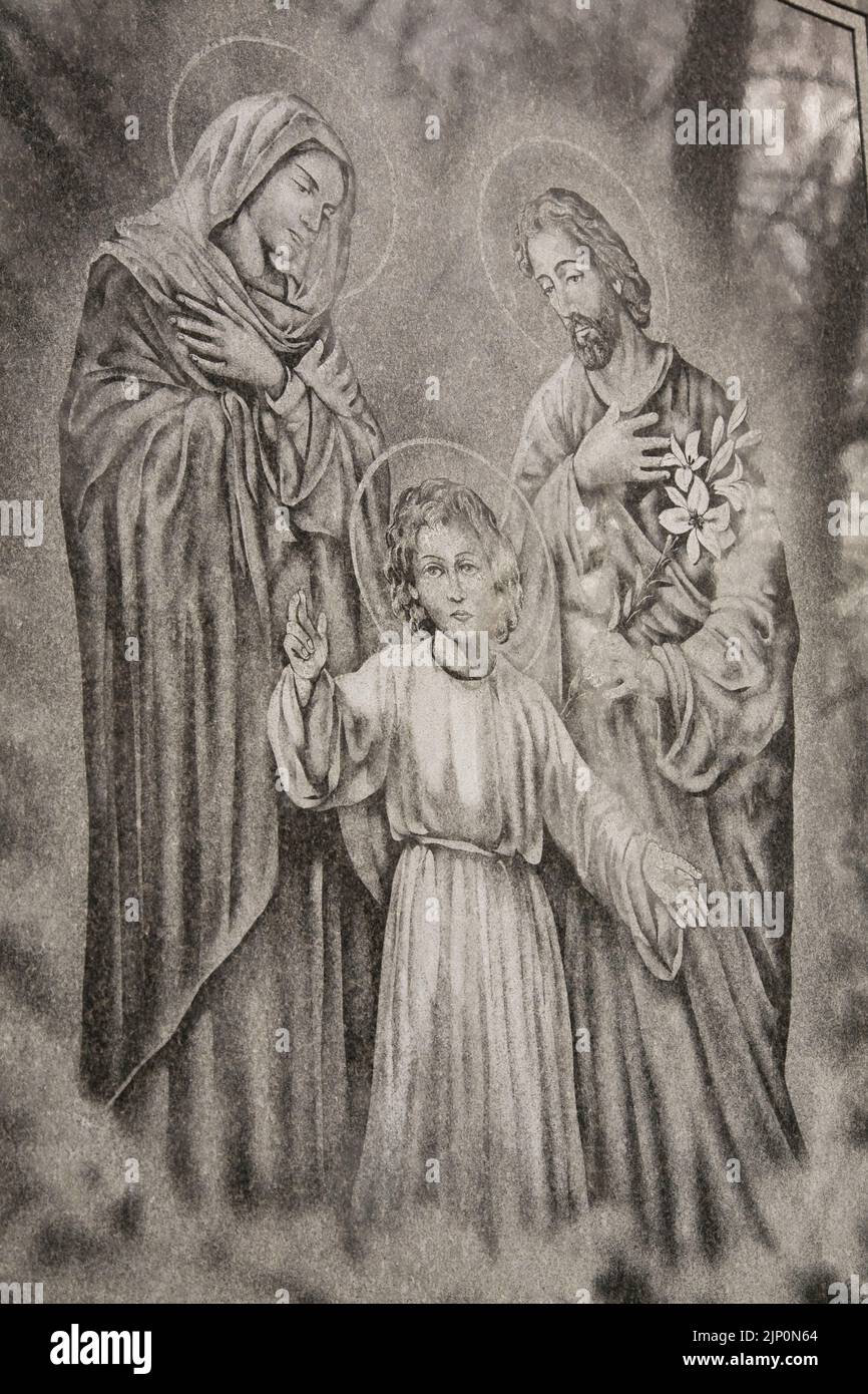 Religious Joseph, Virgin Mary and child Jesus figures depicted on grey ...