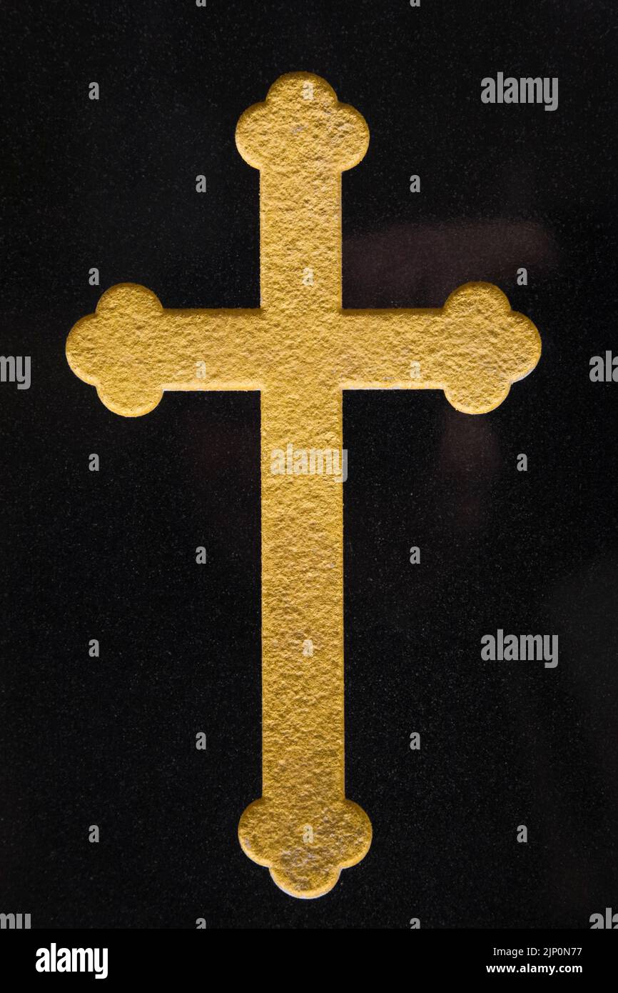 Religious cross depicted on memorial monument in a cemetery Stock Photo ...