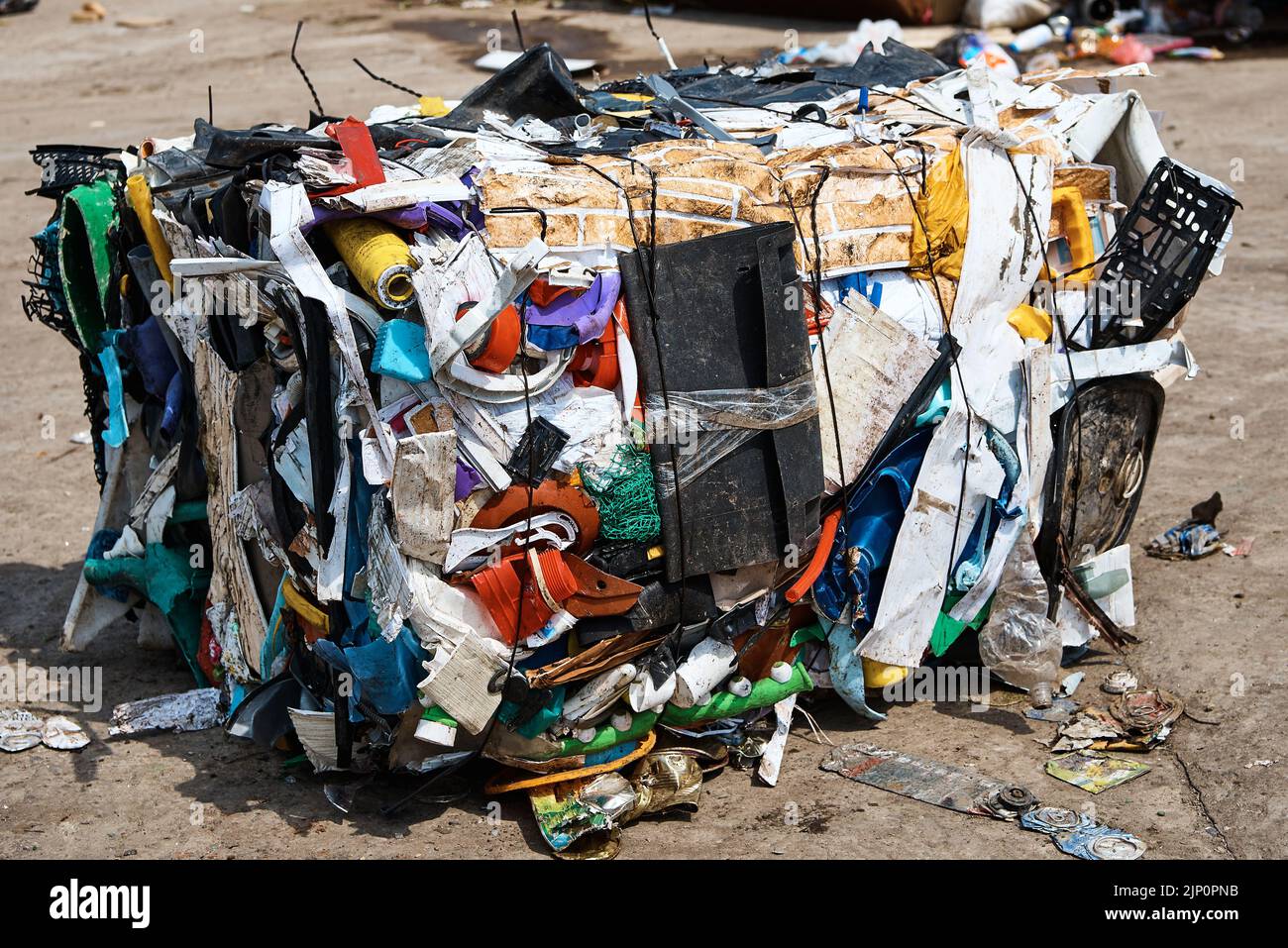 Pack of plastic materials in recycling plant yard closeup Stock Photo ...