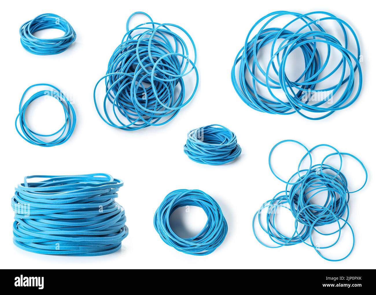 Collection of blue elastic bands on white background Stock Photo - Alamy