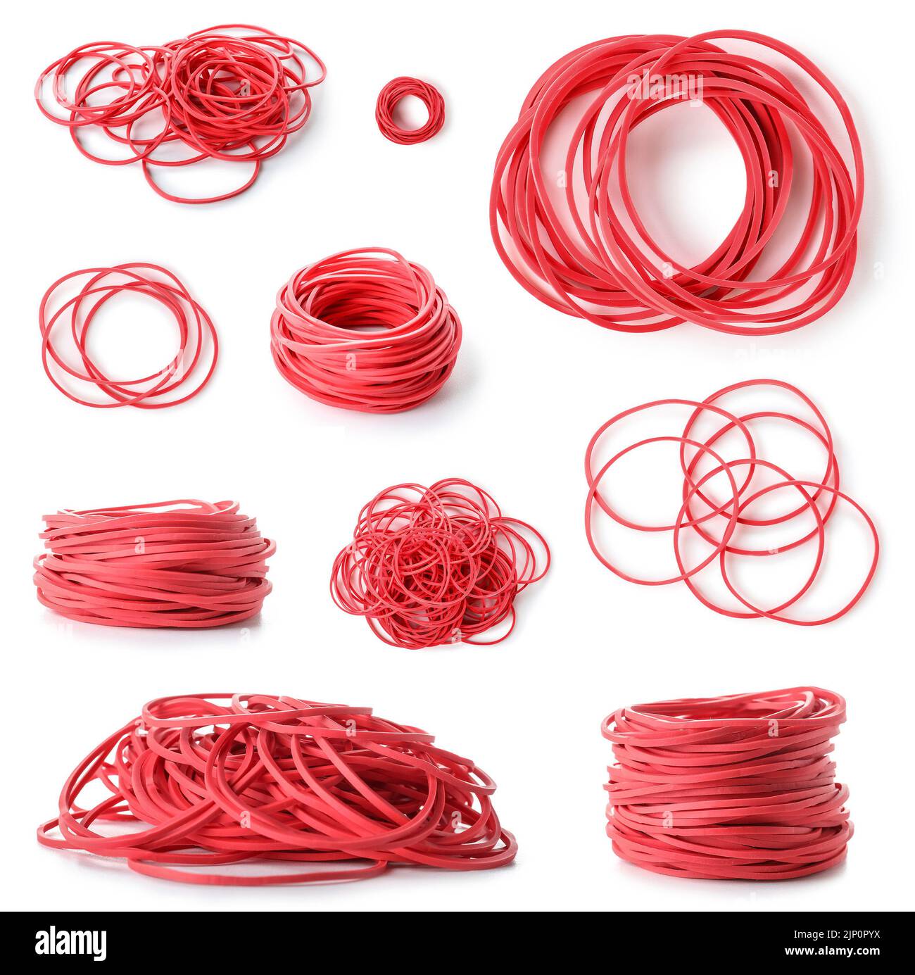 Collection of red elastic bands on white background Stock Photo - Alamy