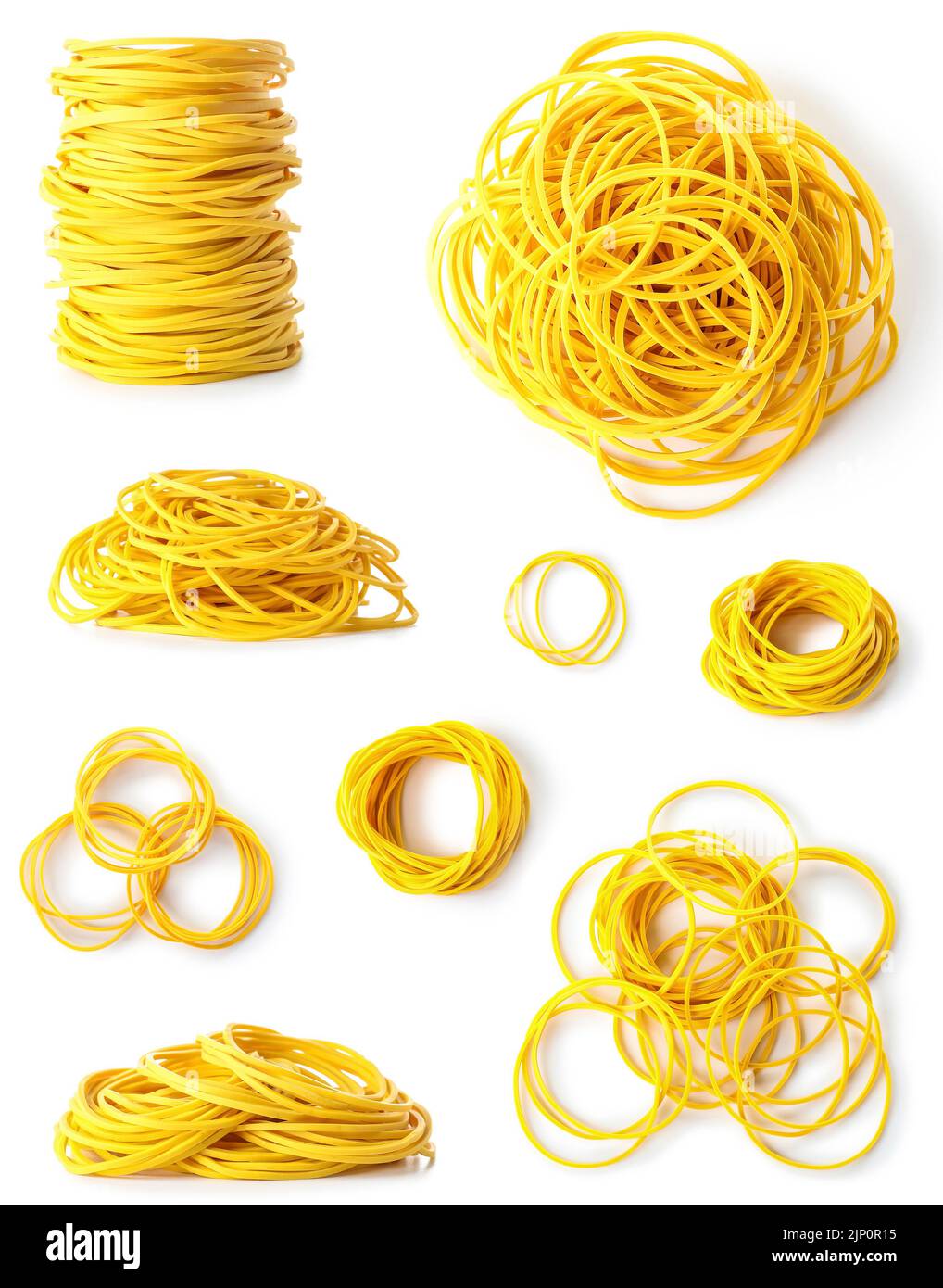 Collage of yellow elastic bands on white background Stock Photo - Alamy