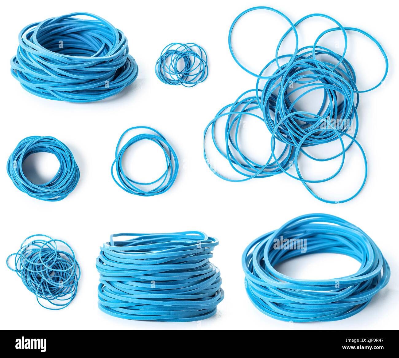 Collage of blue elastic bands on white background Stock Photo - Alamy