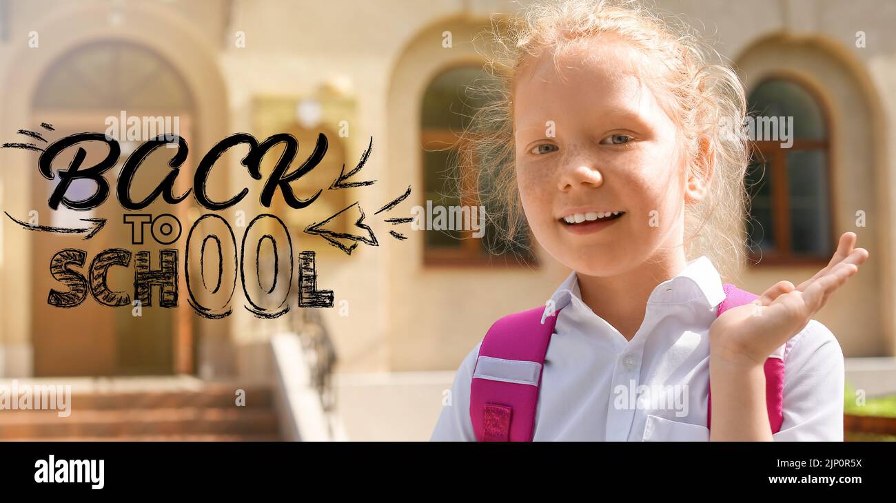 Cute little student after classes outdoors. Back to school Stock Photo ...