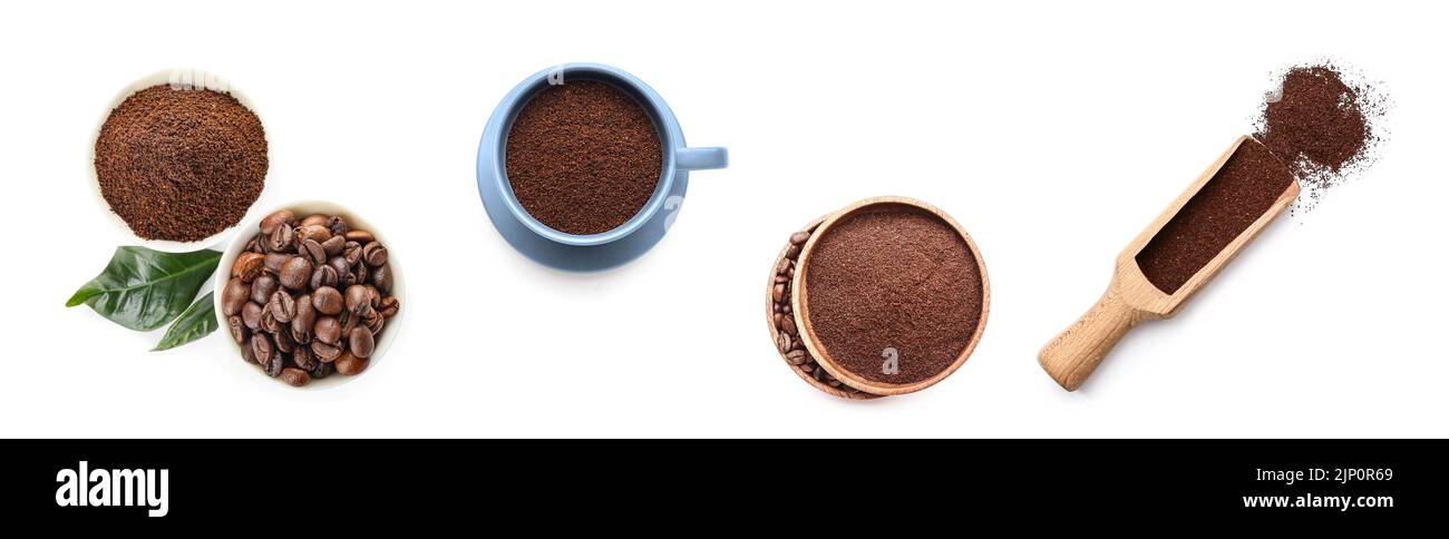 Set of coffee powder isolated on white, top view Stock Photo - Alamy