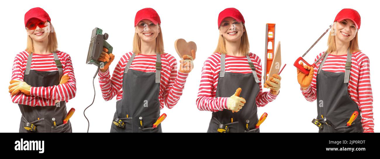 Set of female carpenter on white background Stock Photo - Alamy