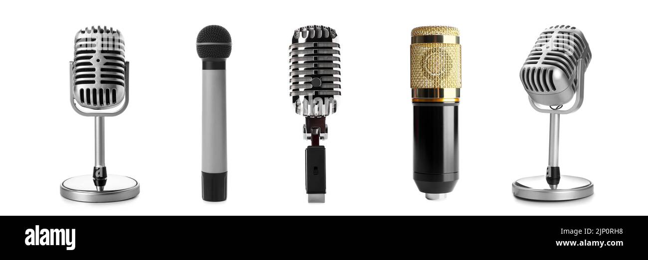 Set of different microphones isolated on white Stock Photo - Alamy