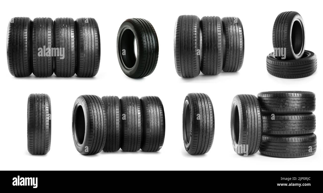 Set of car tires isolated on white Stock Photo - Alamy