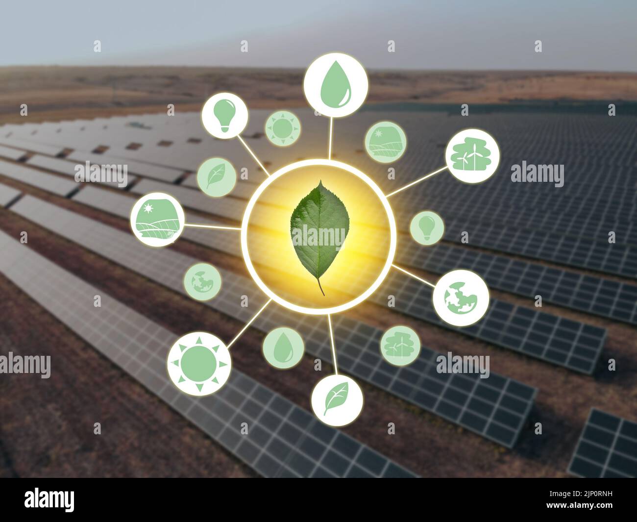 Collage with modern solar power plant in countryside. Green technology ...