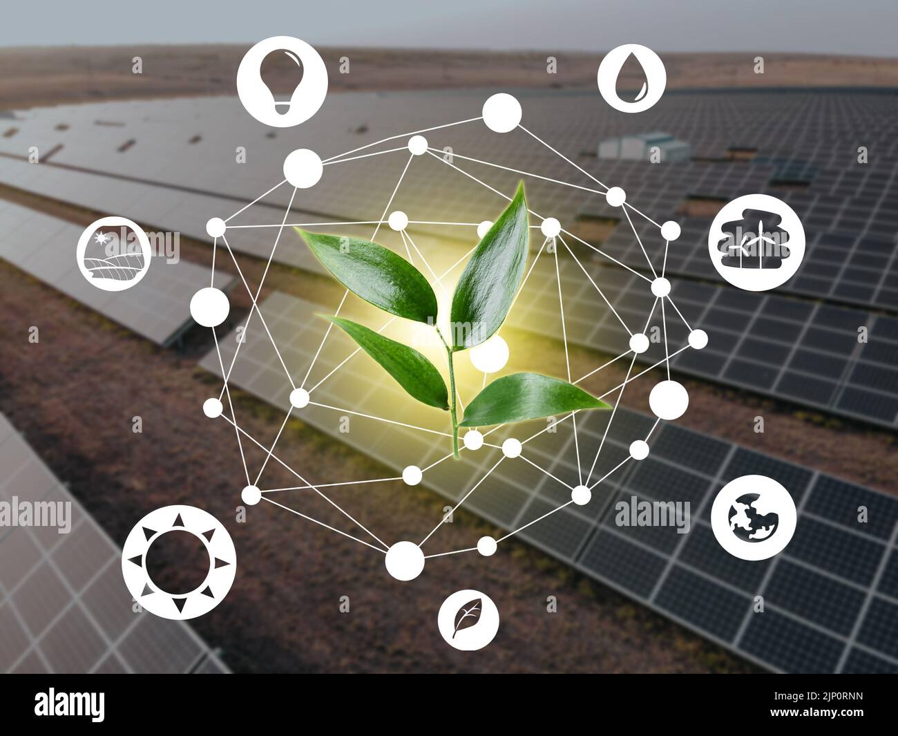 Collage with modern solar power plant in countryside. Green technology ...