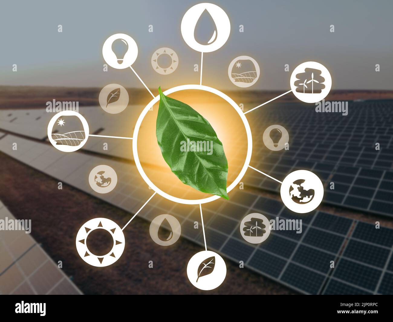 Collage with modern solar power plant in countryside. Green technology ...