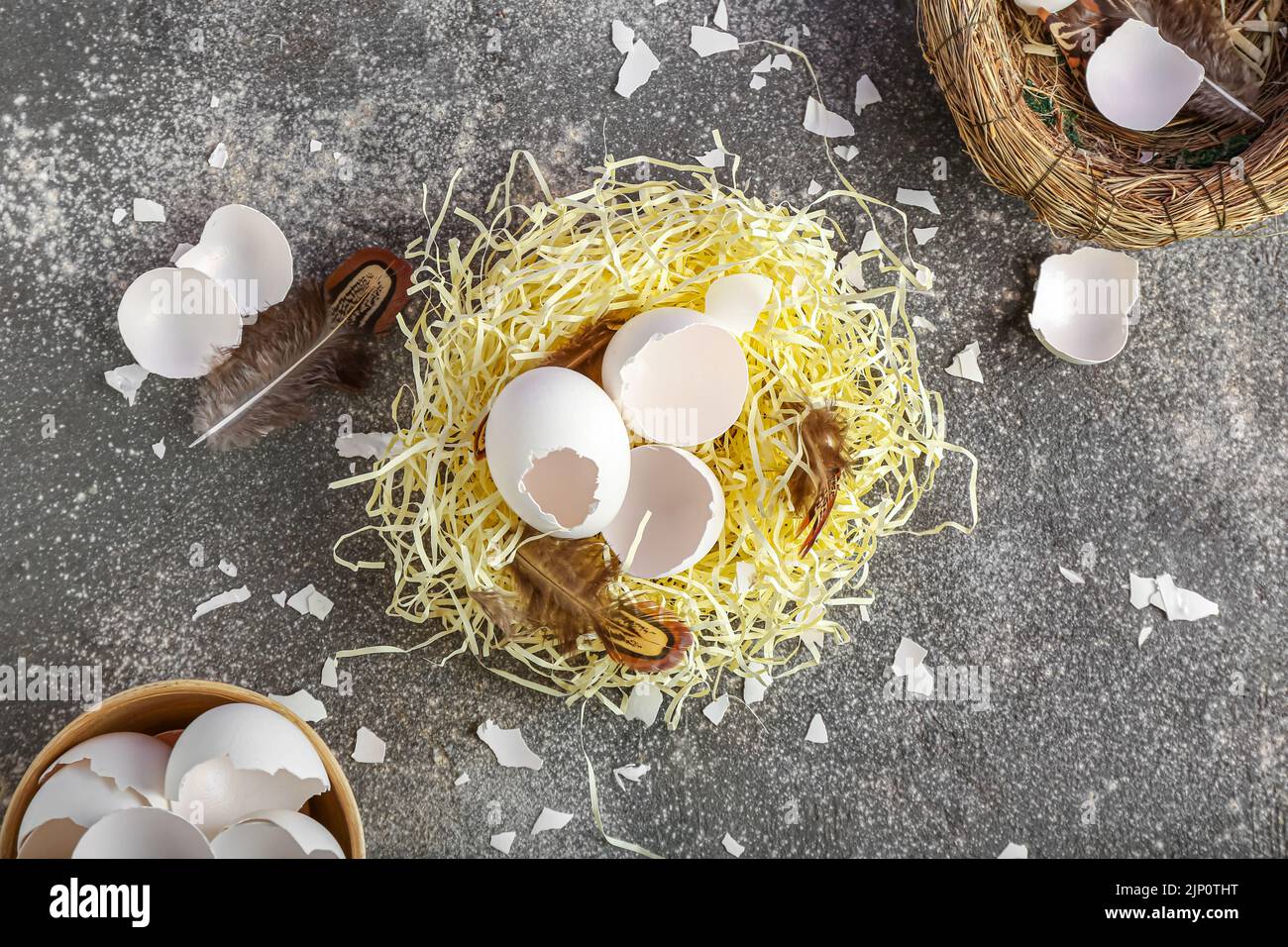 Nest with broken egg shells and feathers on dark background Stock Photo ...