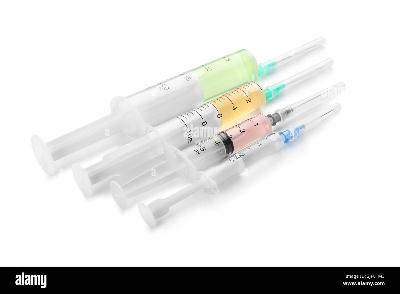 Different medical syringes with vaccine on white background Stock Photo ...