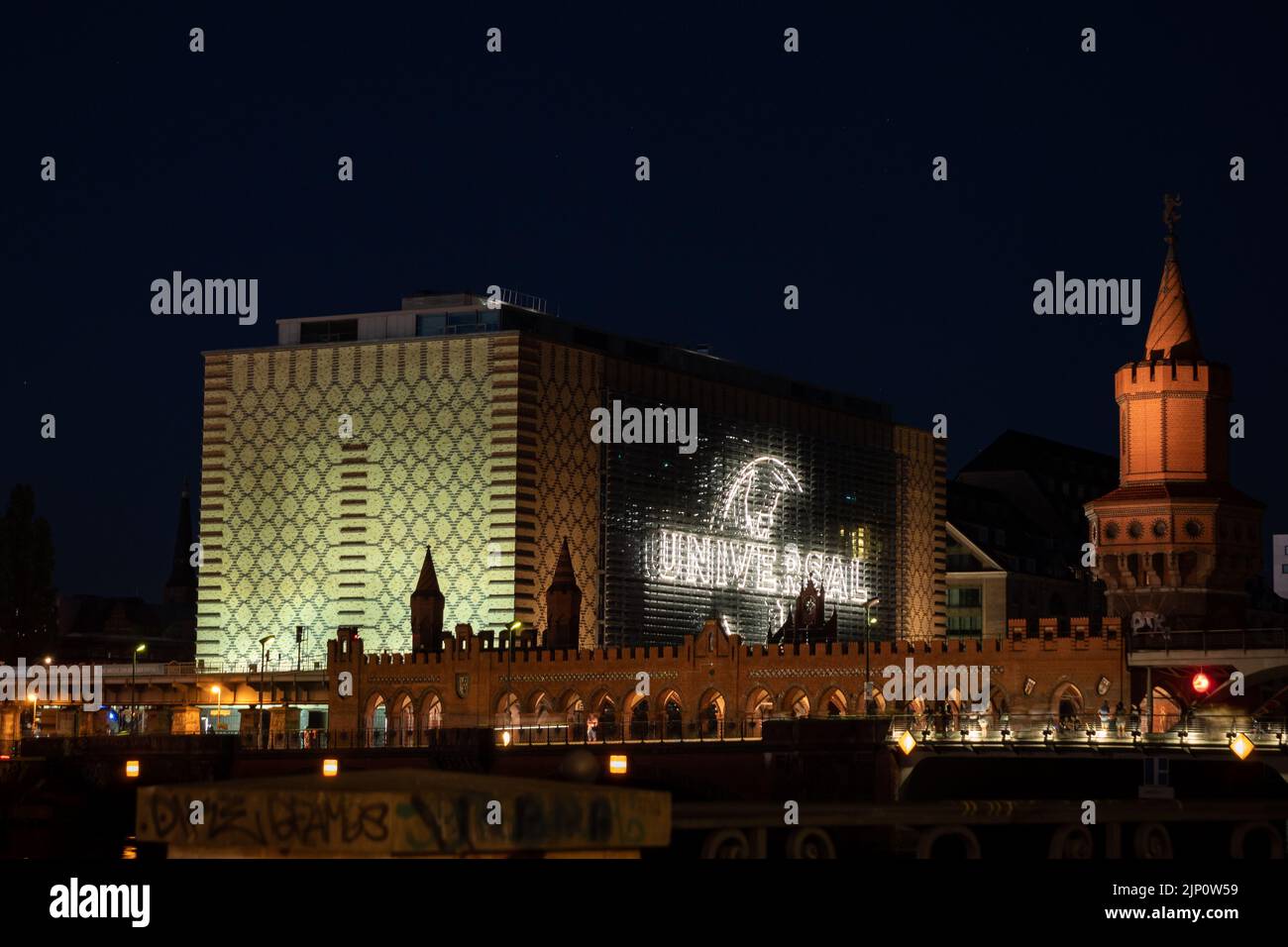 Universal Music Group in the capital city. Building exterior at night ...