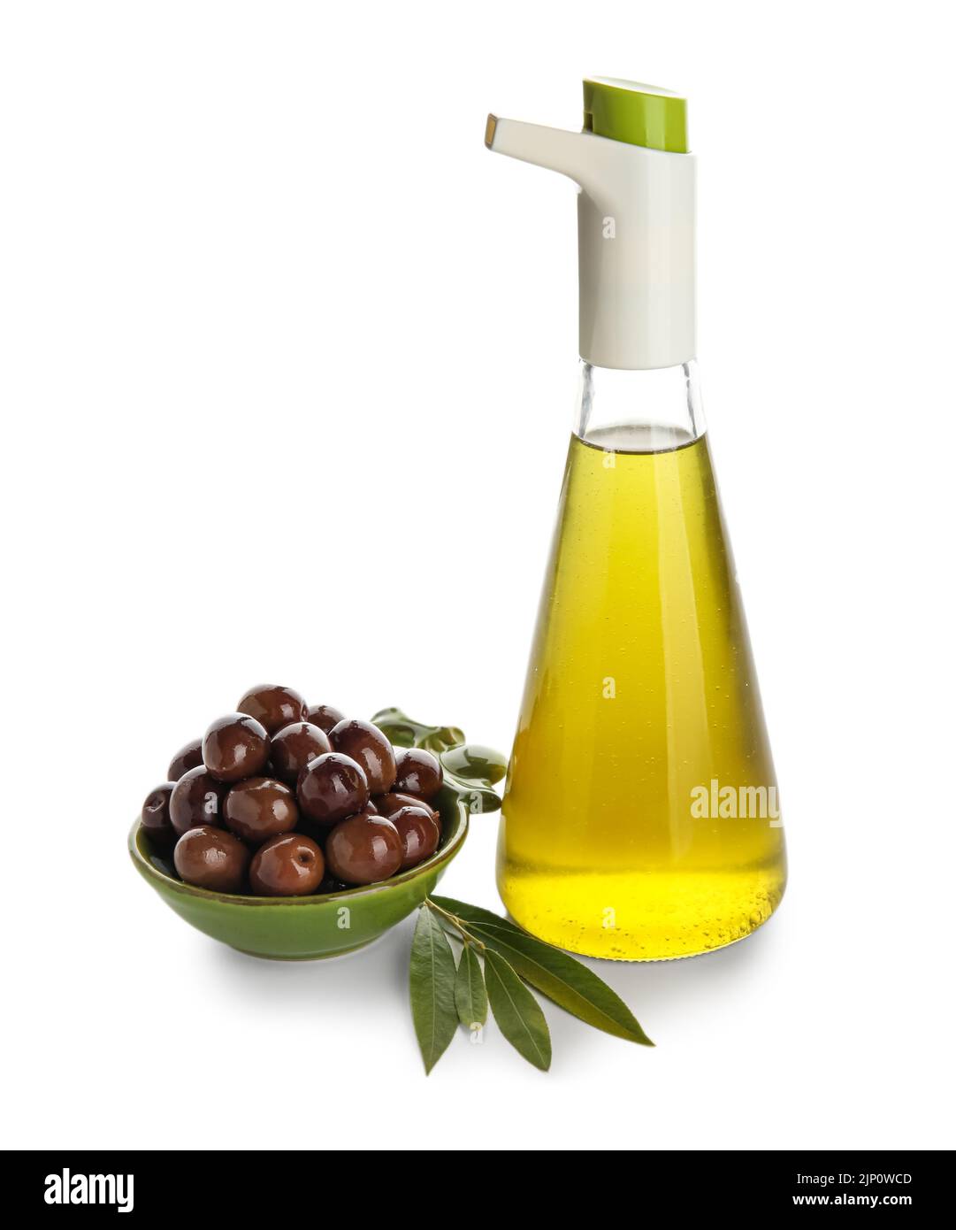 Bottle of fresh oil and bowl with olives on white background Stock ...