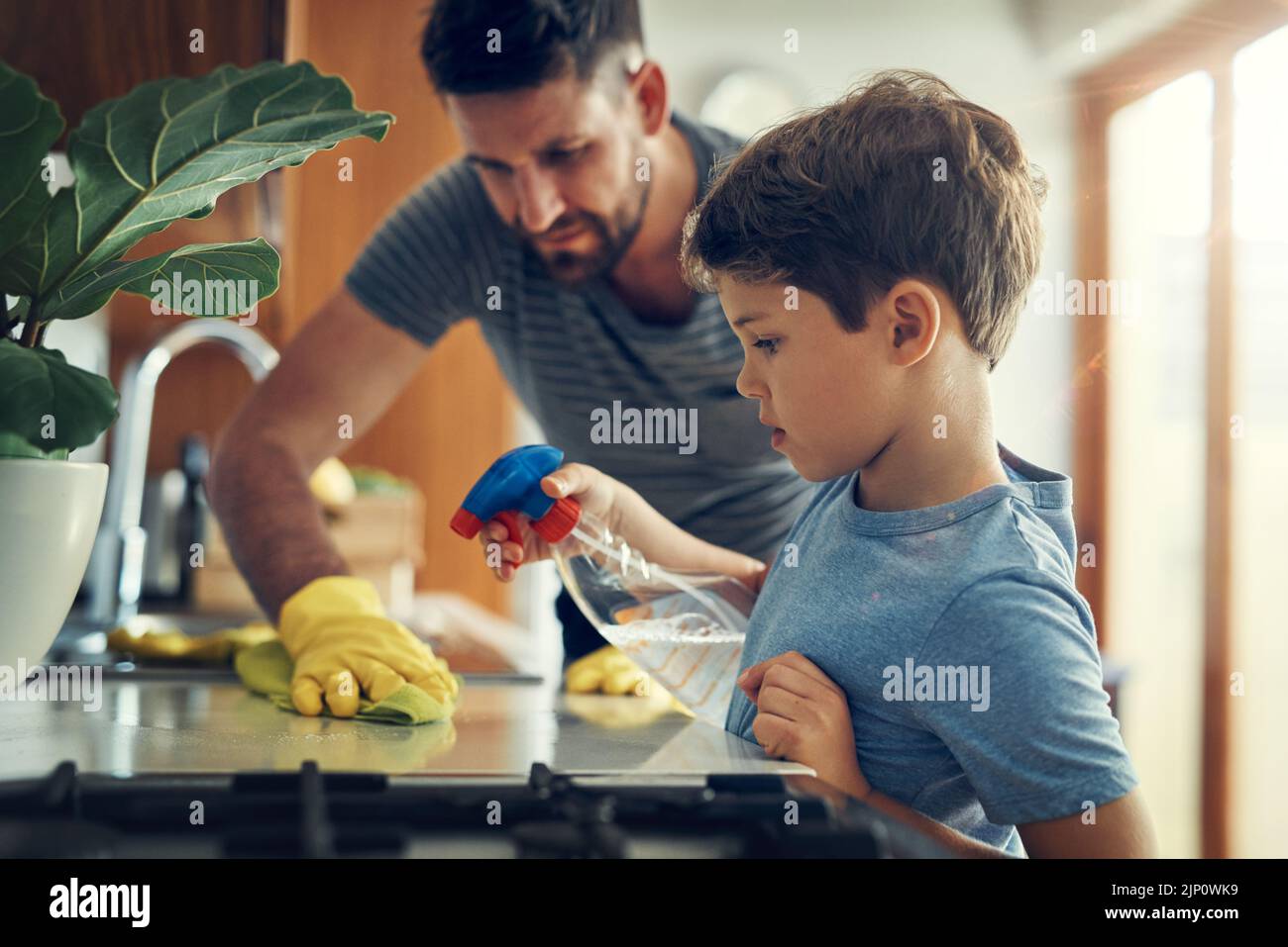 Like this, Dad. a father and son cleaning the kitchen counter together ...
