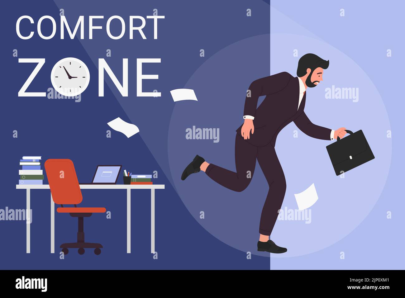 Businessman leaving comfort zone of office workplace. Cartoon man in ...