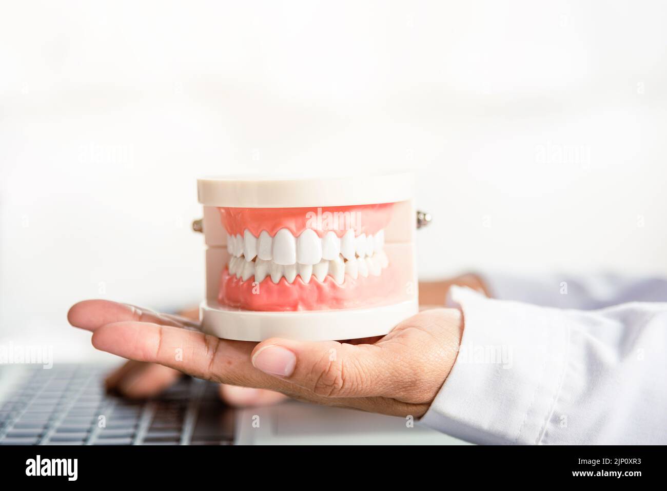 Oral dental hygiene. Female doctor sitting and hold tooth on desk at ...