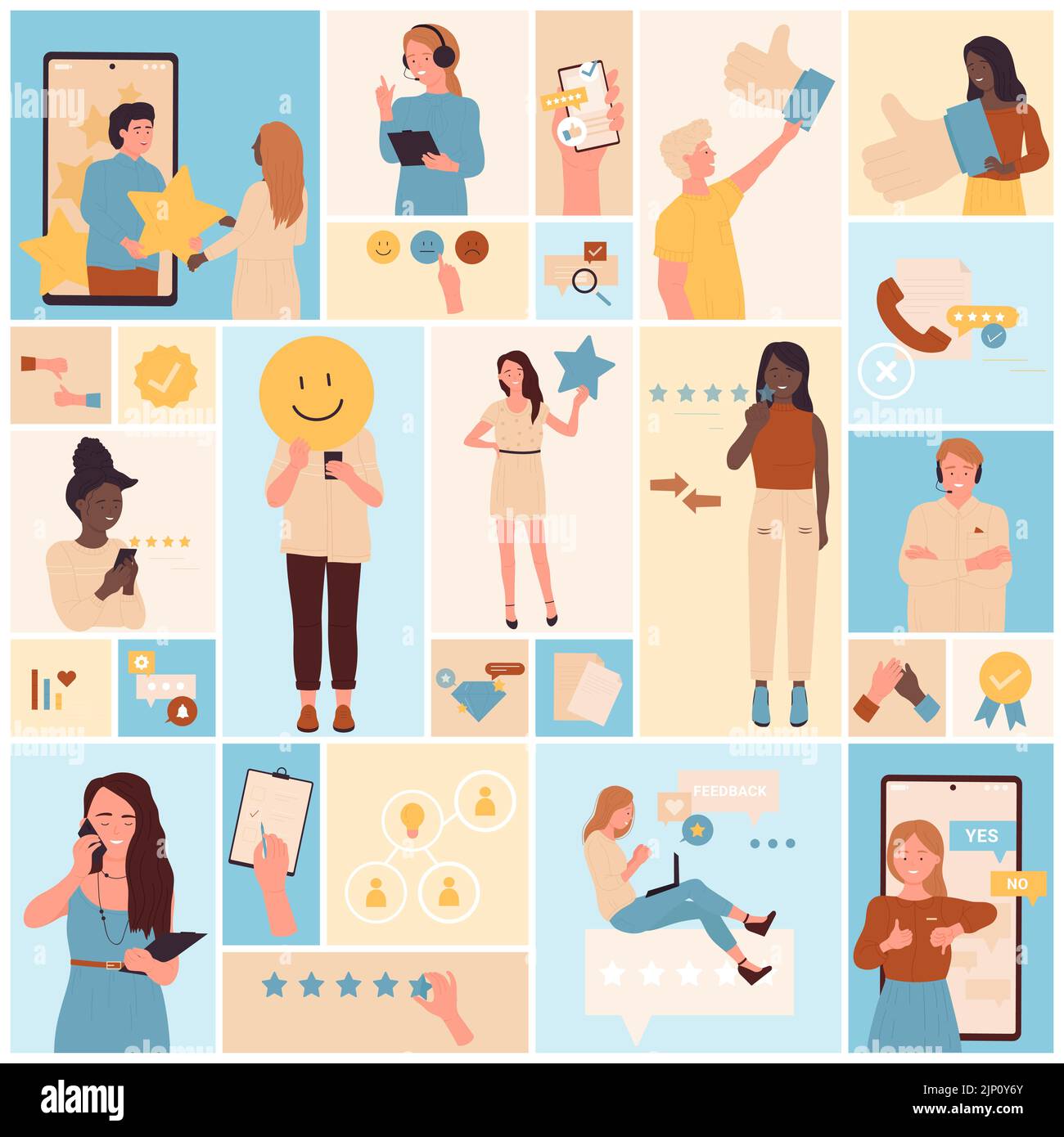 Customers support and review set vector illustration. Cartoon people ...