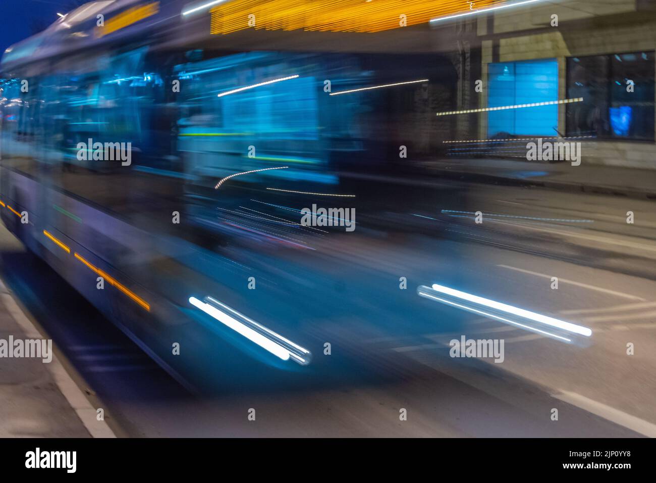 Local bus with motion blur at Narva road at night in Tallinn Estonia ...