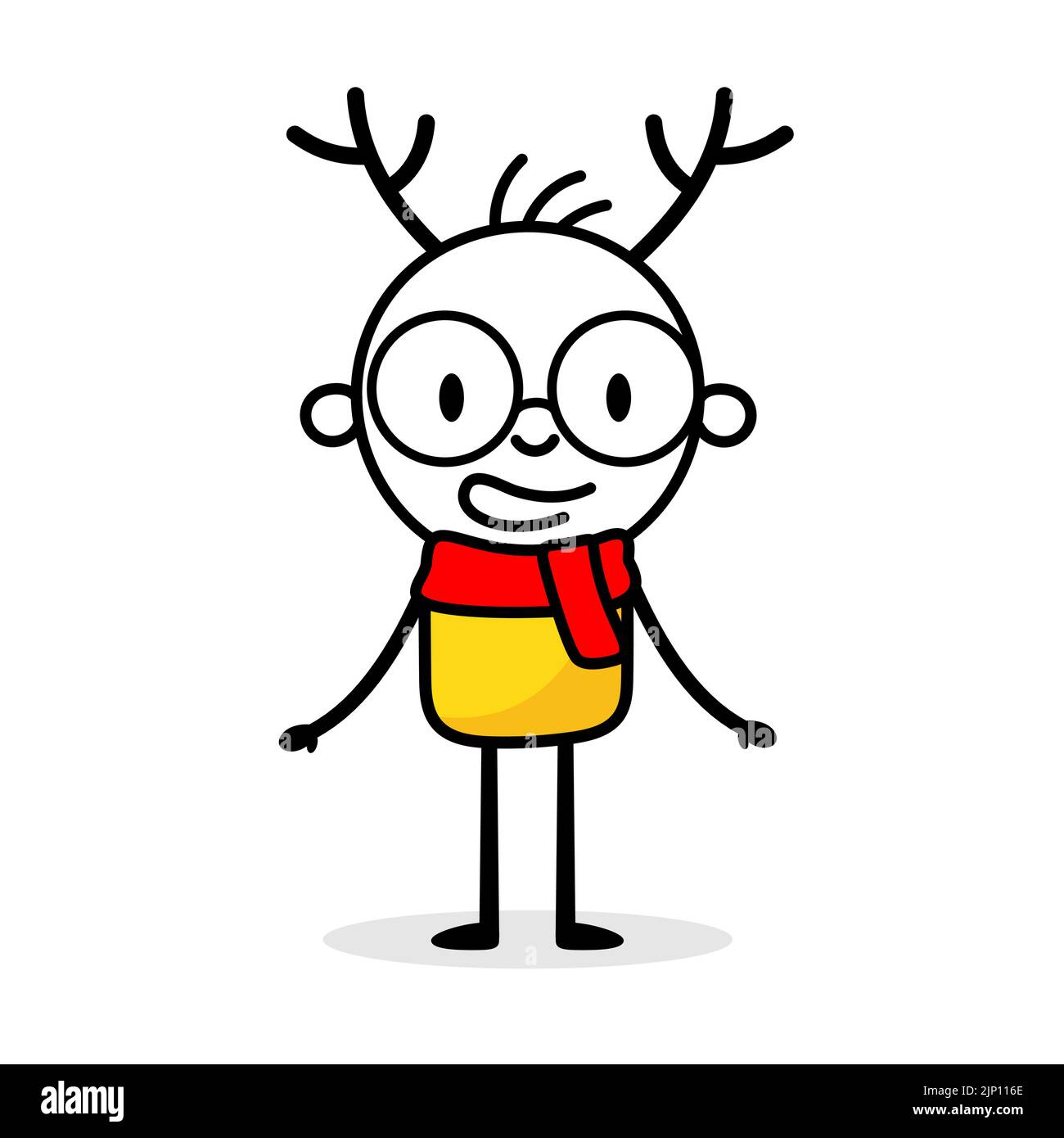 Man stands in red scarf and deer horns. Cartoon Christmas character ...
