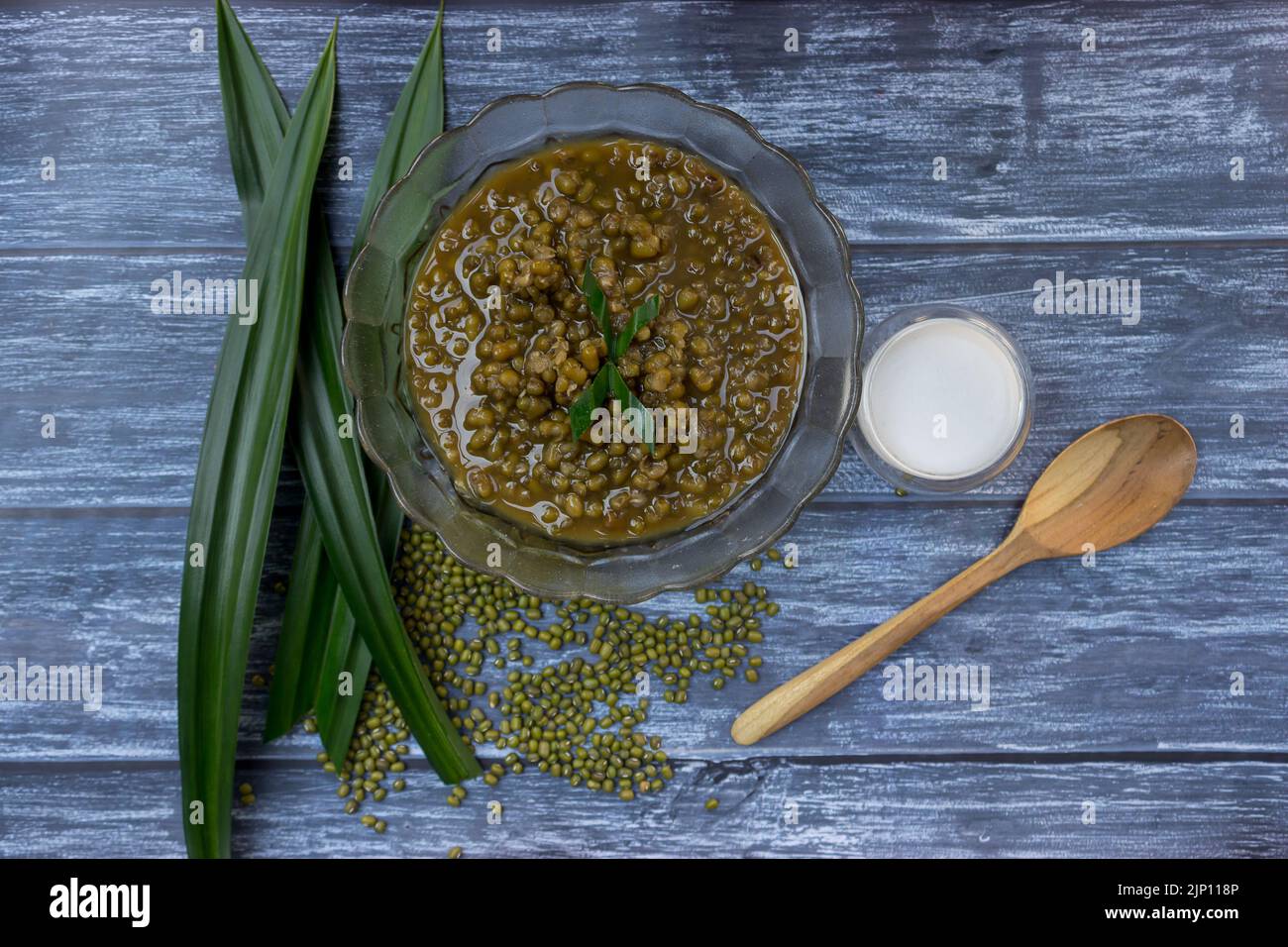 top view of mung beans porridge or Indonesian bubur kacang hijau with ...