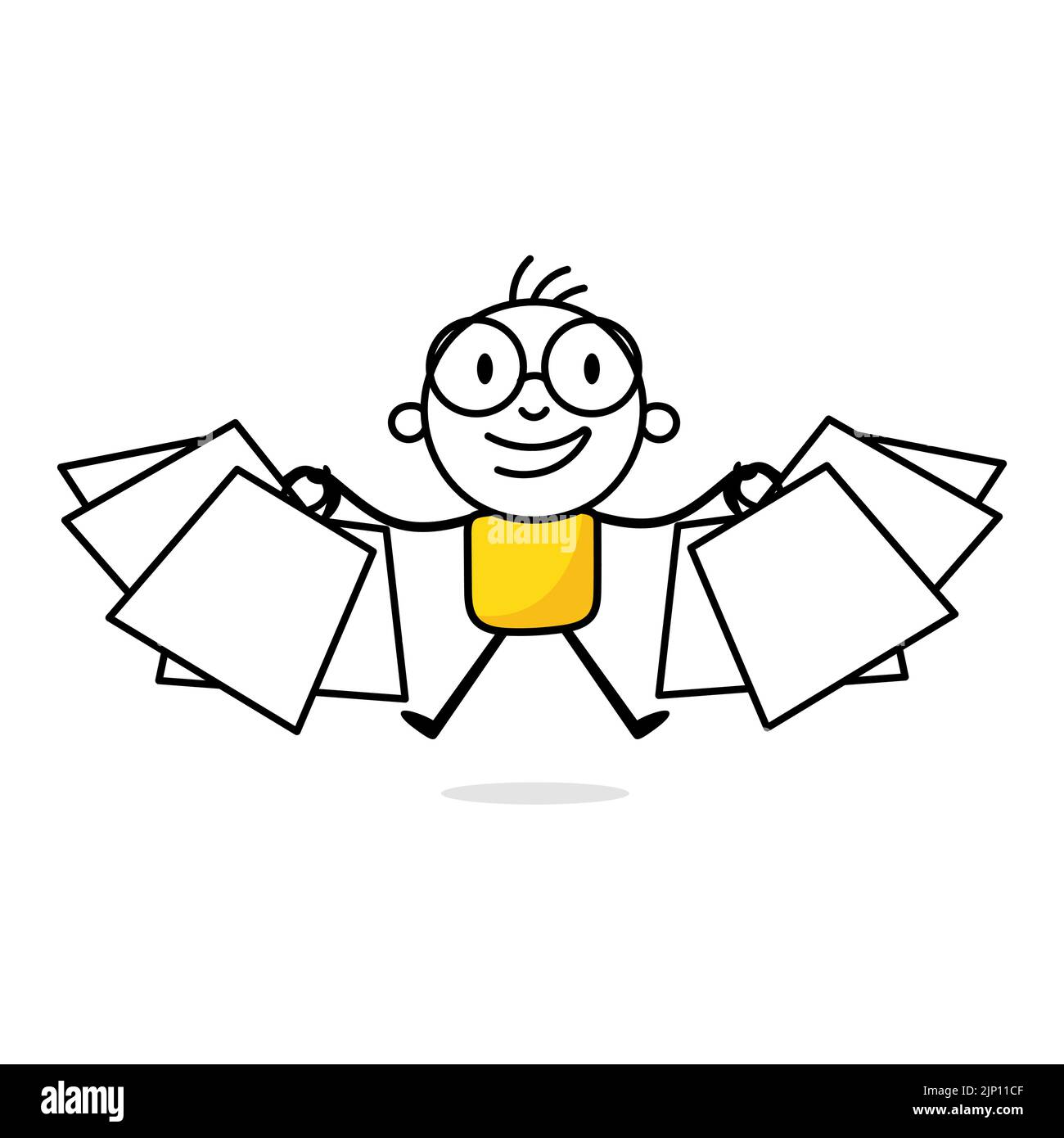 Man jumping with shopping bags. Cartoon character shopping concept ...