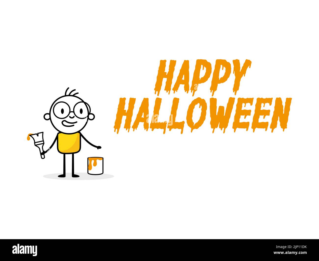 Man draws yellow words Happy Halloween. Cartoon Halloween character ...