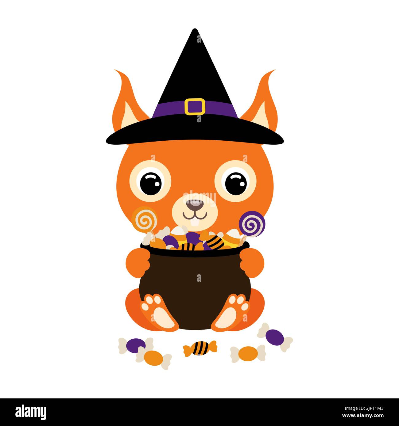 Cute Halloween squirrel in witch hat holding a pot with candies ...