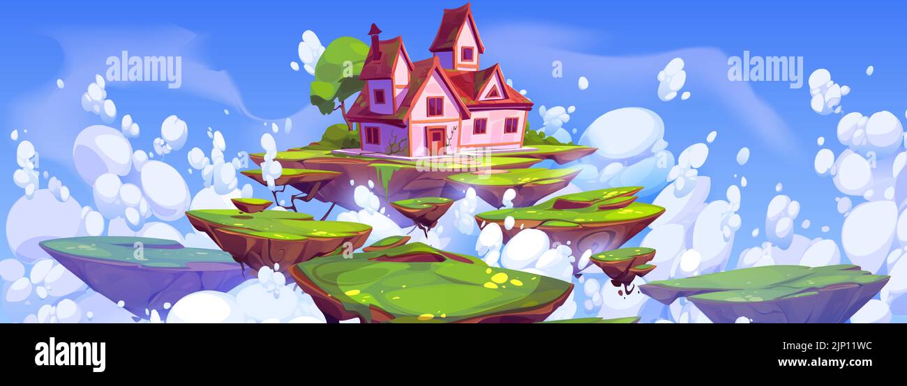 Pink magic house on floating island in blue sky with fluffy clouds ...