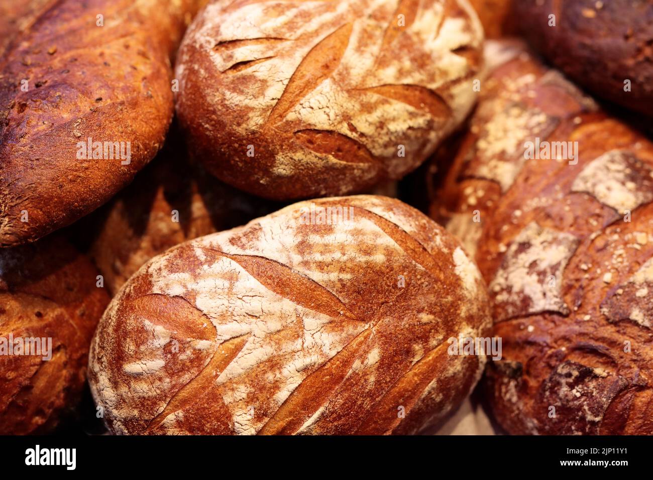 Freshly baked traditional bread loaves in a bakery. Selective focus ...