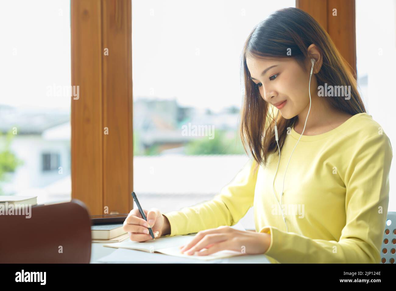 Education and literacy concept, College student girl use phone to ...