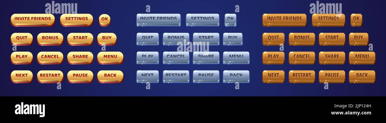 Golden, silver and bronze game buttons with text. Vector cartoon set of ...