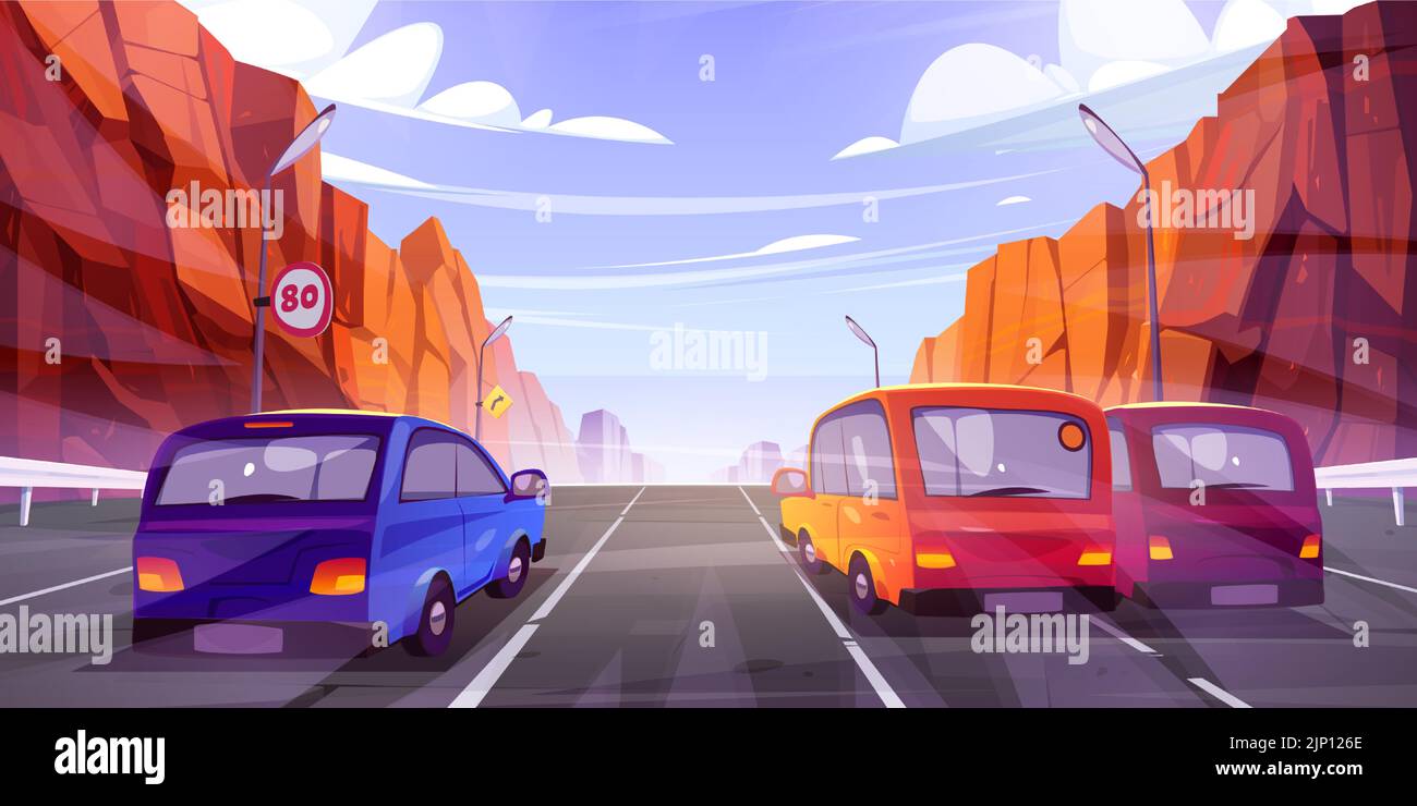 Cars driving road with cartoon rocky mountain landscape. Vector ...