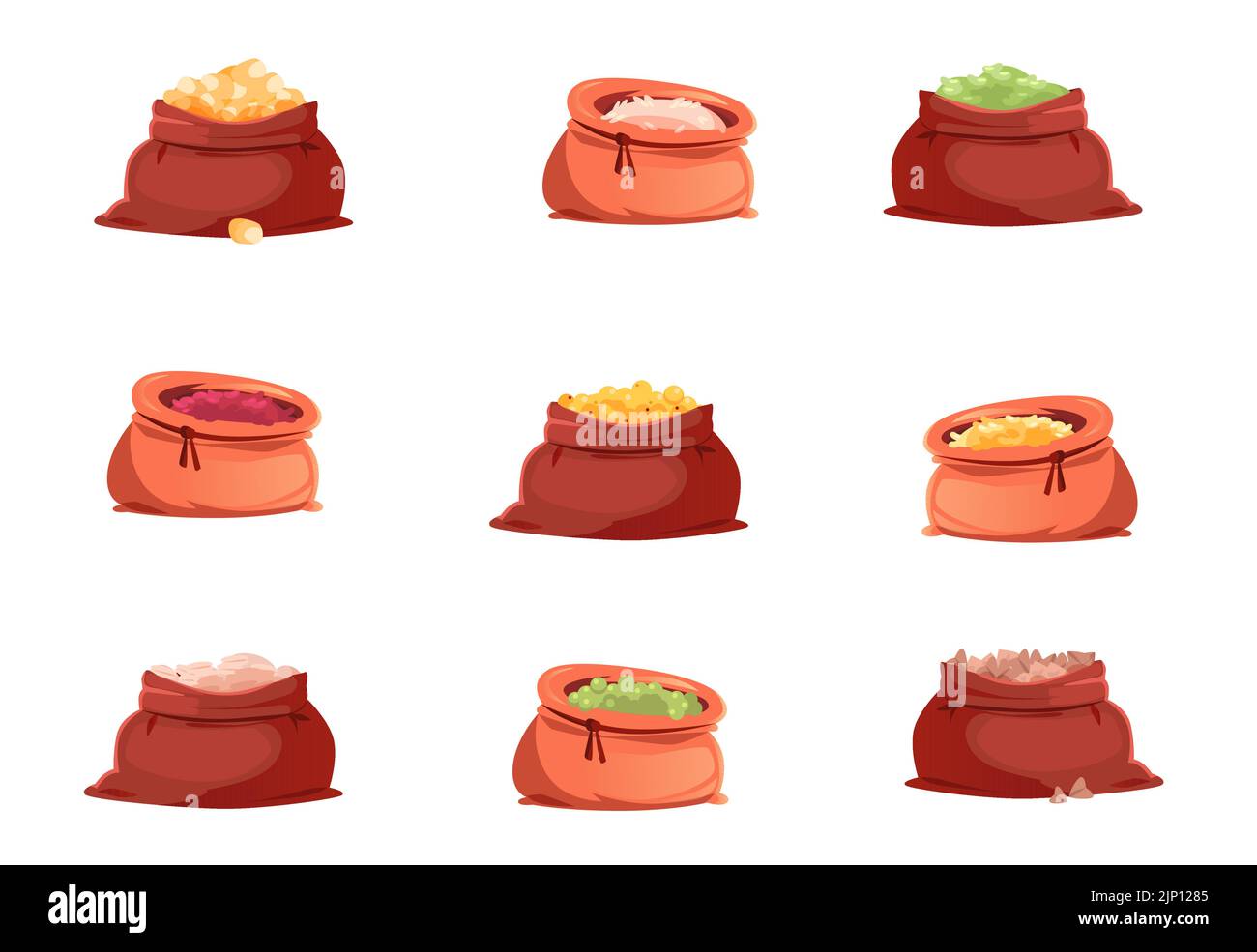 Corn, millet, buckwheat, rice grains and beans in sacks. Vector cartoon ...