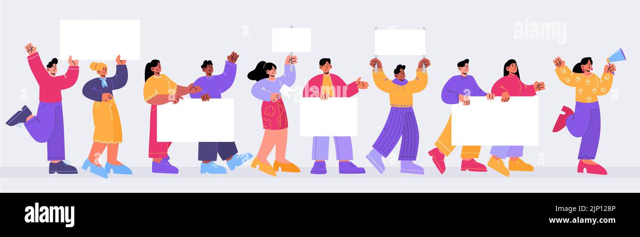 Protest demonstration, strike, march of people holding blank banners ...