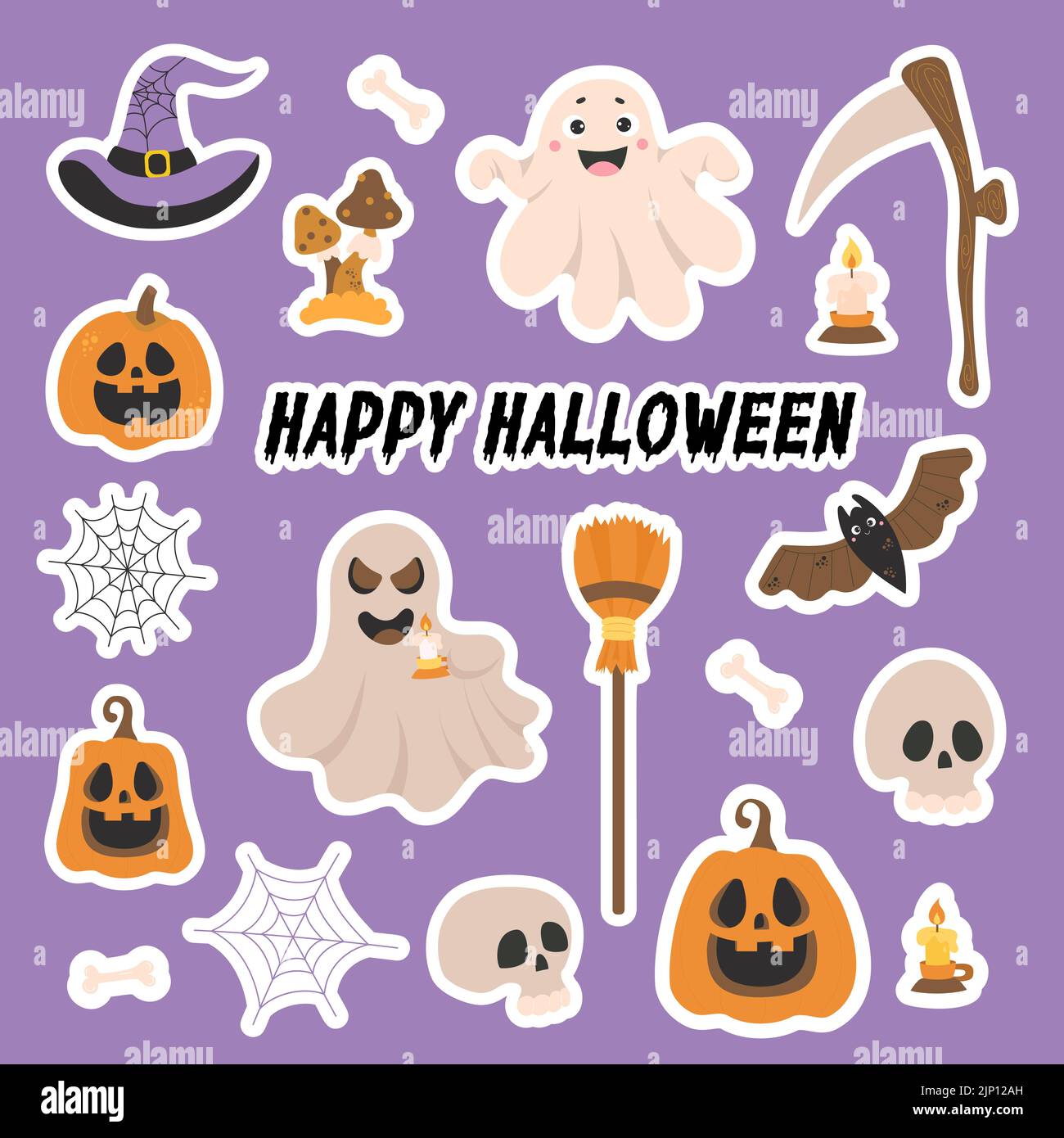 Collection of vector stickers Happy Halloween. Cute characters jack ...