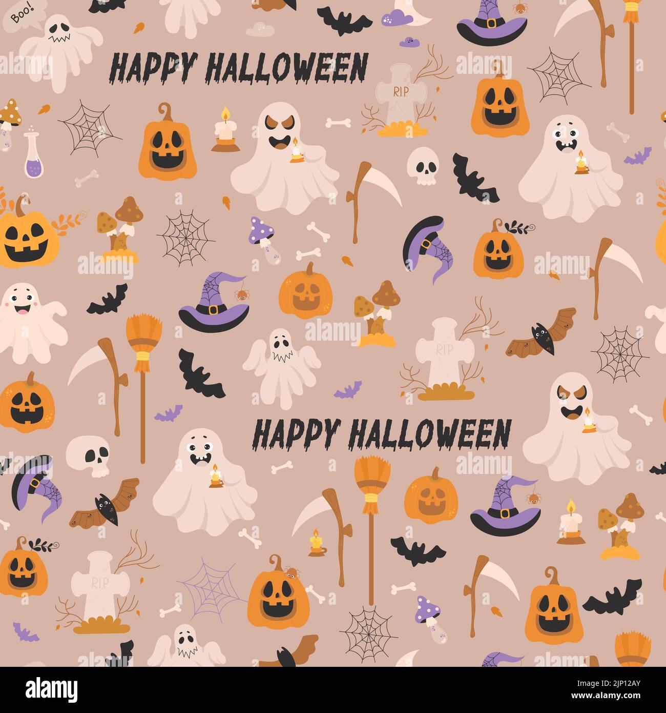 Cute happy Halloween background. Seamless pattern with lantern Jack ...