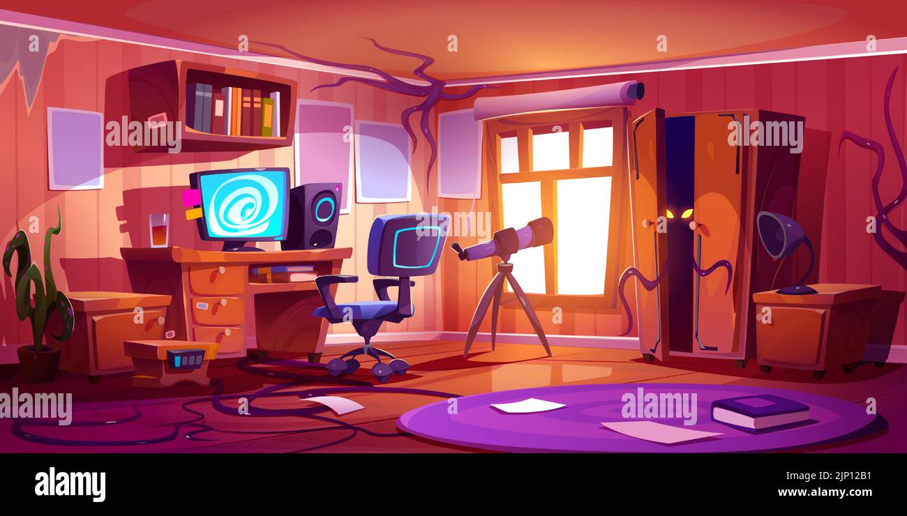 Haunted room with monster in wardrobe cartoon illustration. Vector ...