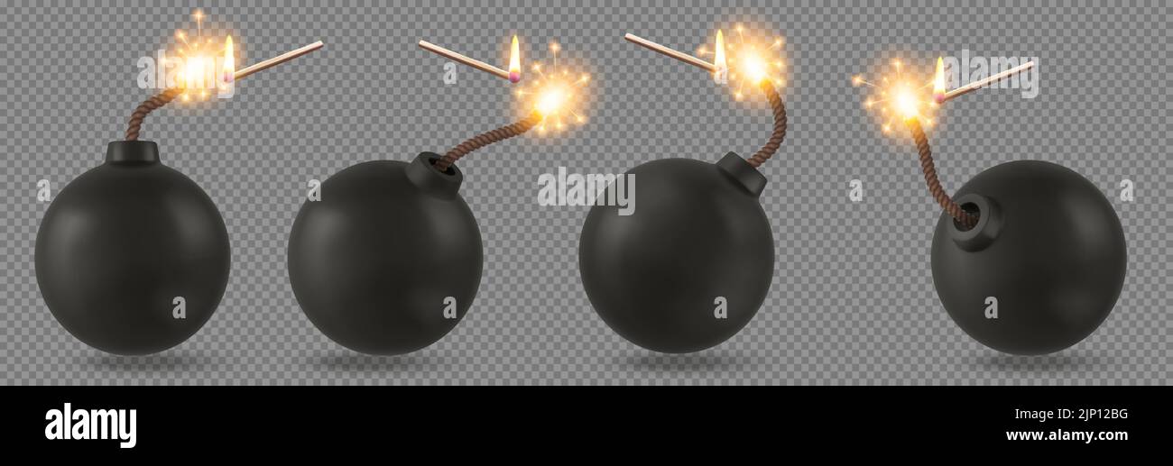 Black bombs with burning fuse and matches with fire, explosive dynamite ...