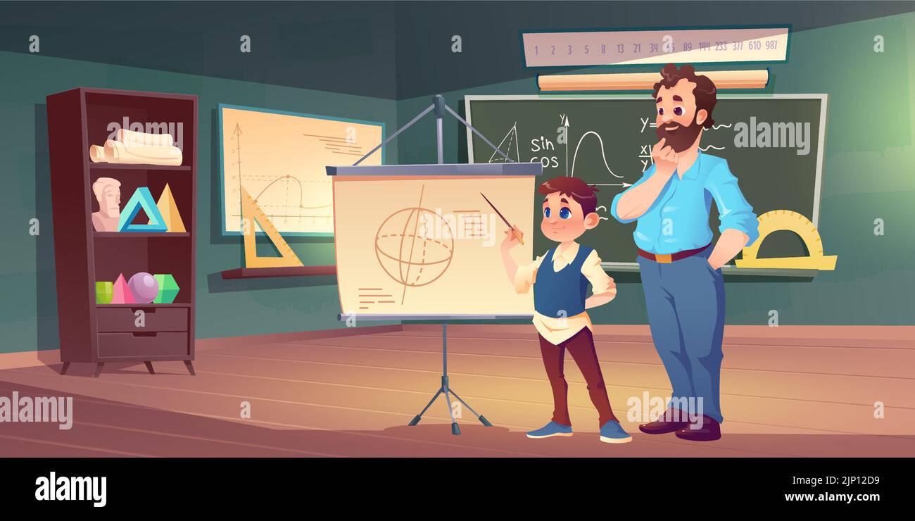 Mathematics classroom in school with teacher and student. Vector ...