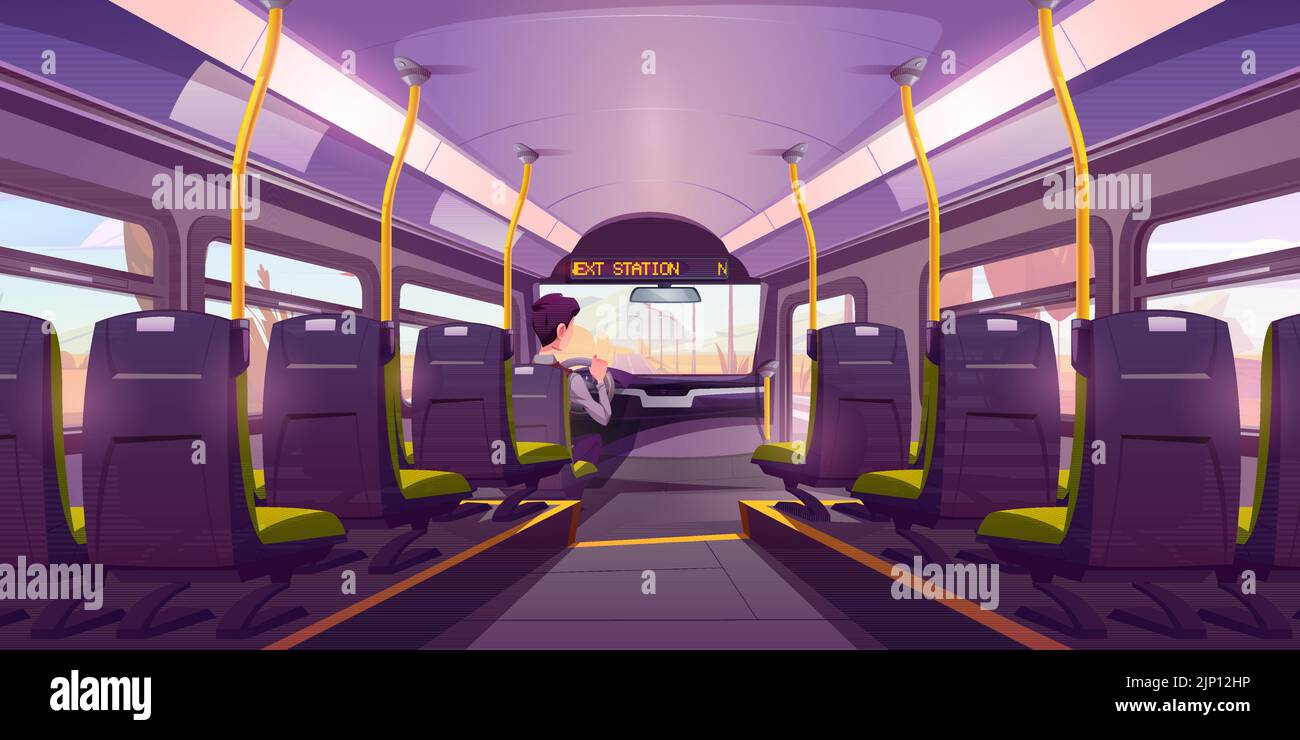 School bus with driver, empty public transport interior. City vehicle ...